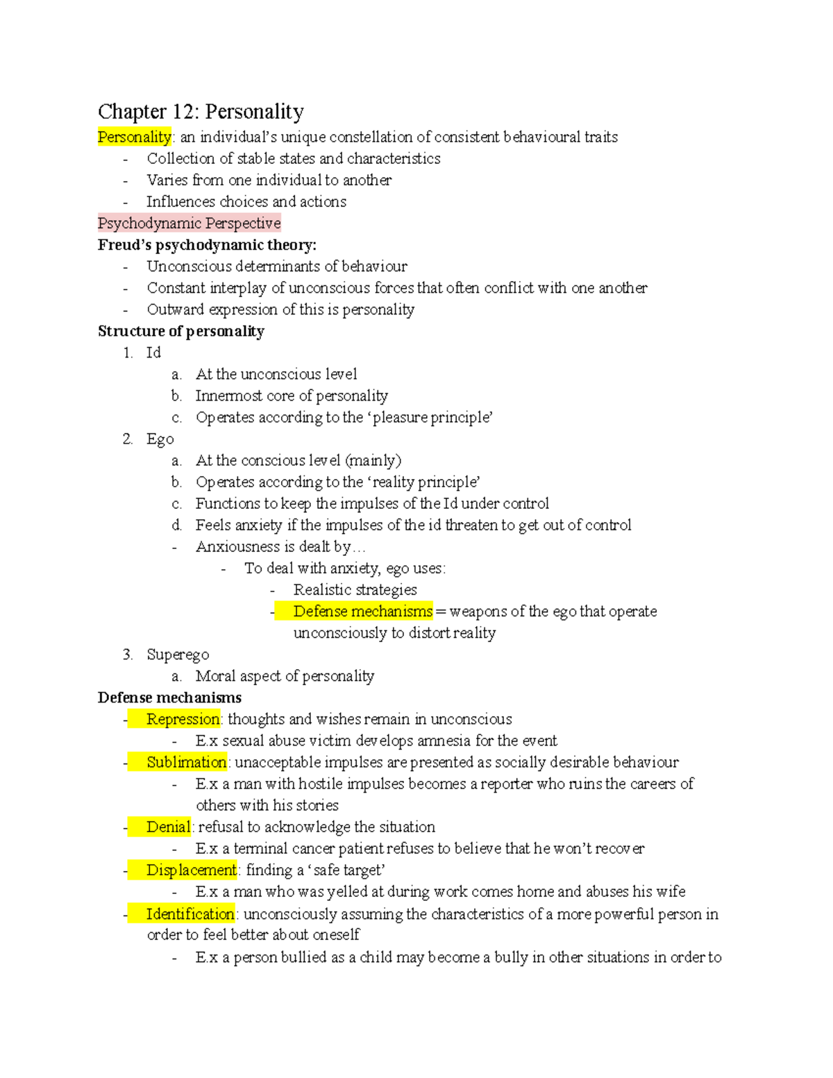 Chapter 12 Personality - Chapter 12: Personality Personality: an ...