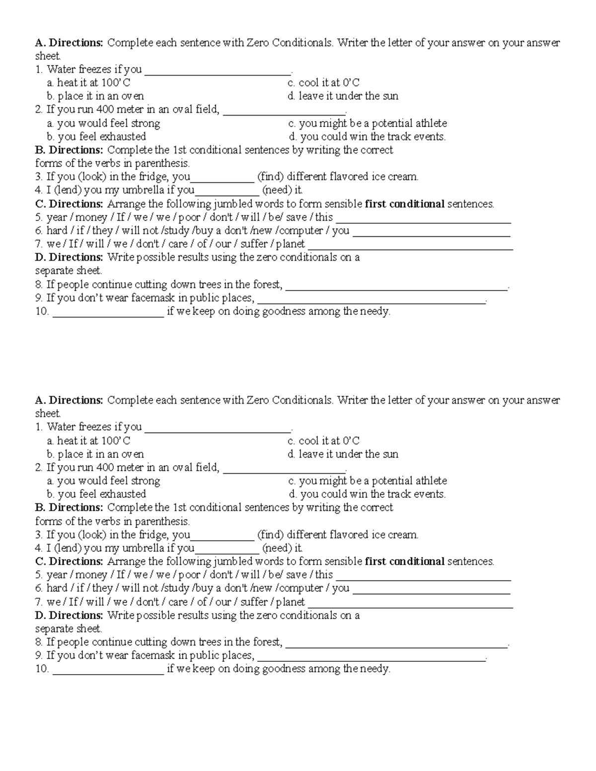 QUIZ-9 - Assessment - A. Directions: Complete each sentence with Zero ...
