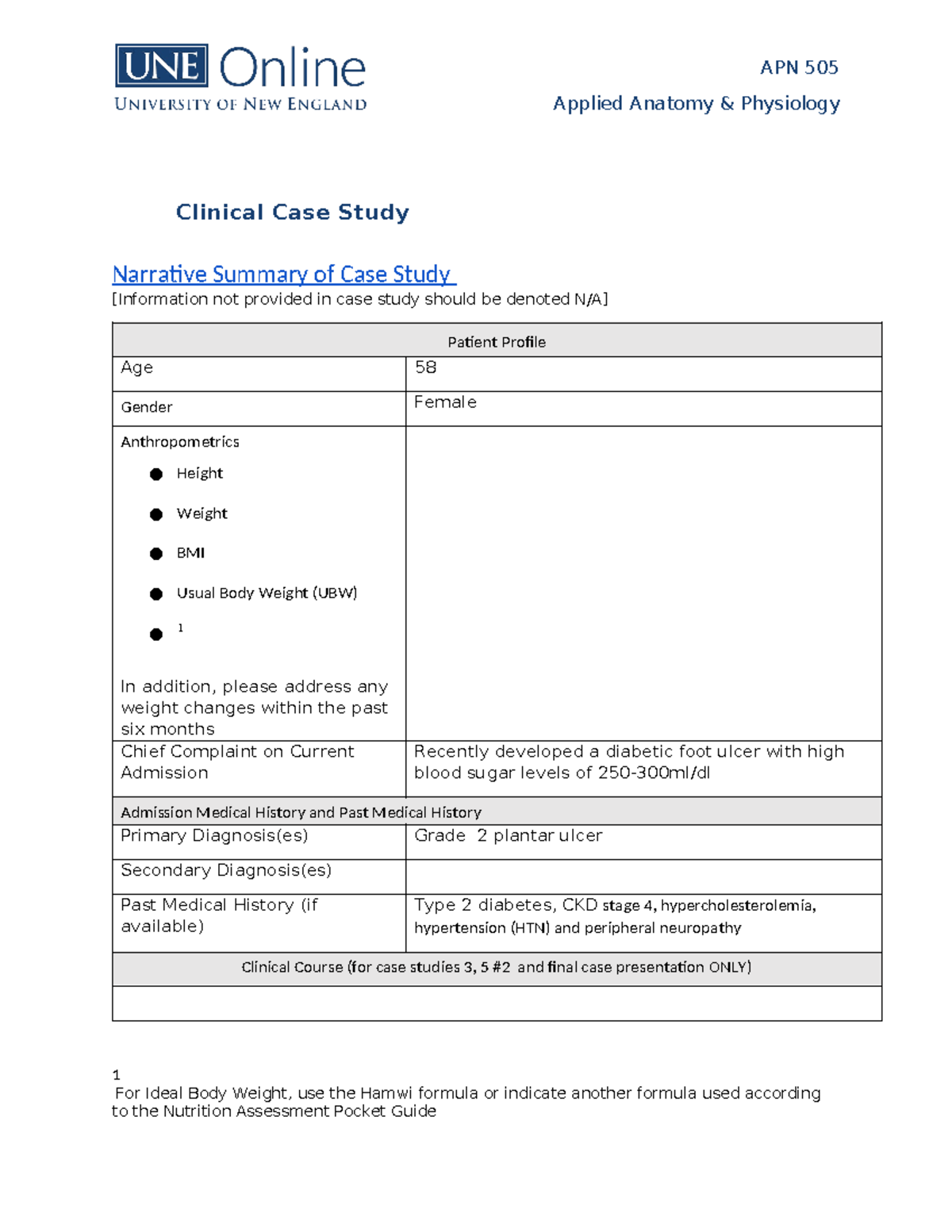 APN 505 - Blank Clinical Case Study Template - Applied Anatomy & Physiology Clinical Case Study ...