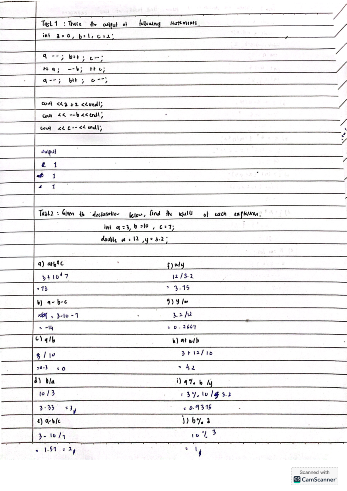 Lab4 CSC126 - Example Answer Lab 4 ,CSC 126 - Tast 1 : Trace the output of following statements ...