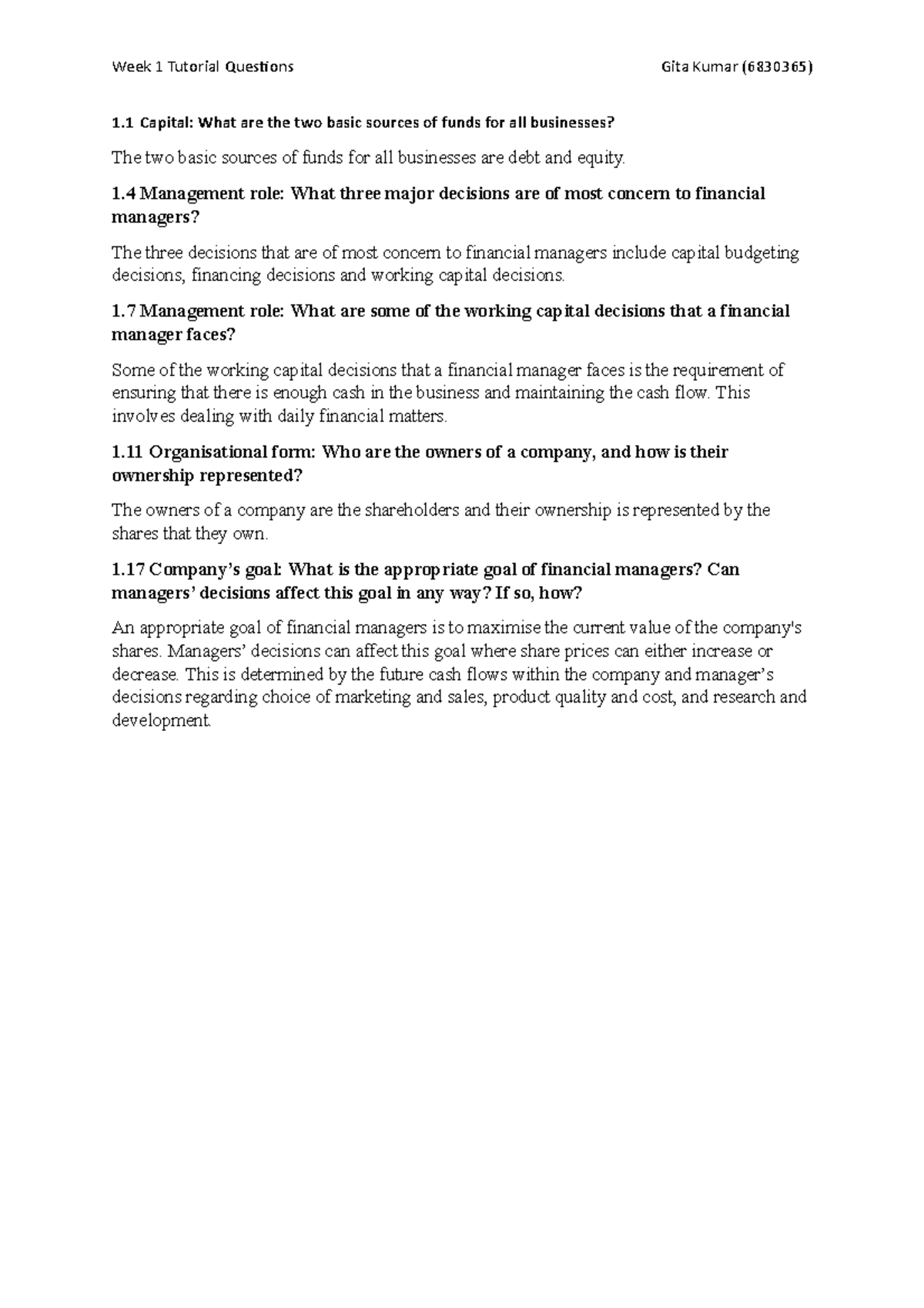 Week 1 tutorial questions- Finance in Business - Week 1 Tutorial Questions Gita Kumar (6830365 ...