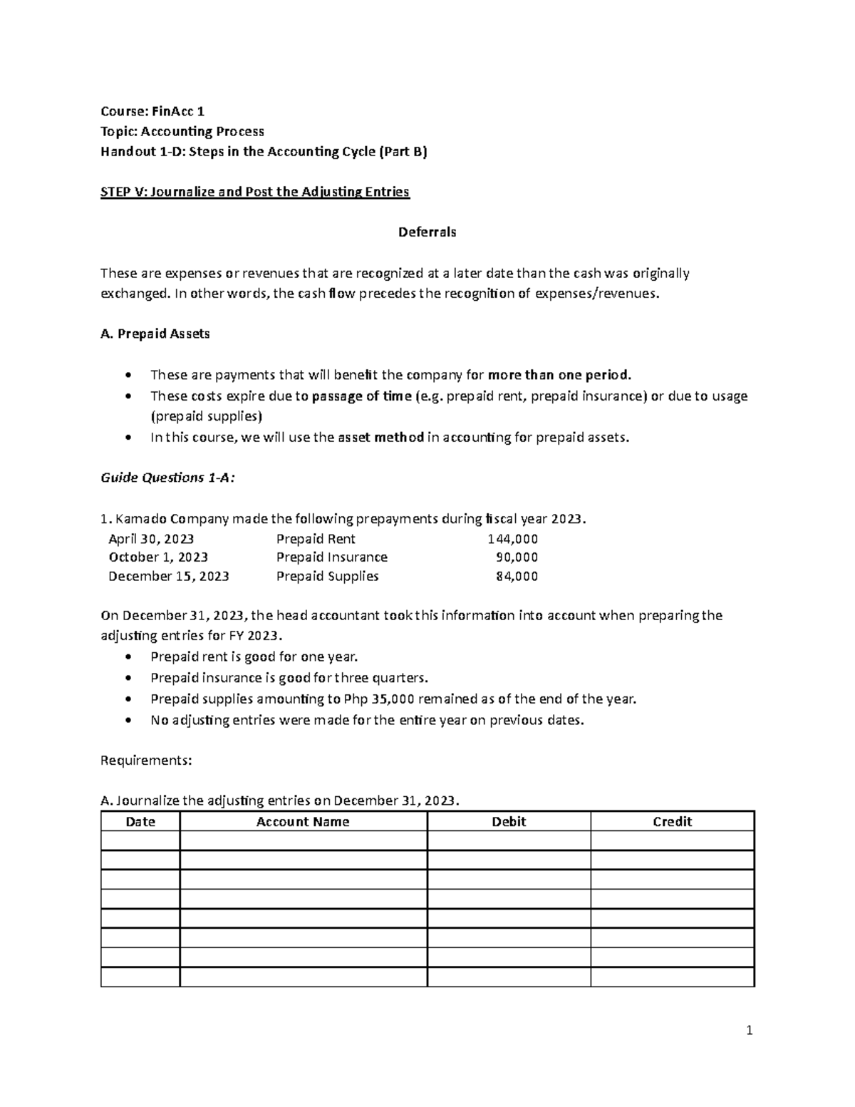[04] Handout 1D - Steps in the Accounting Cycle (PART B) - Course: FinAcc 1 Topic: Accounting ...