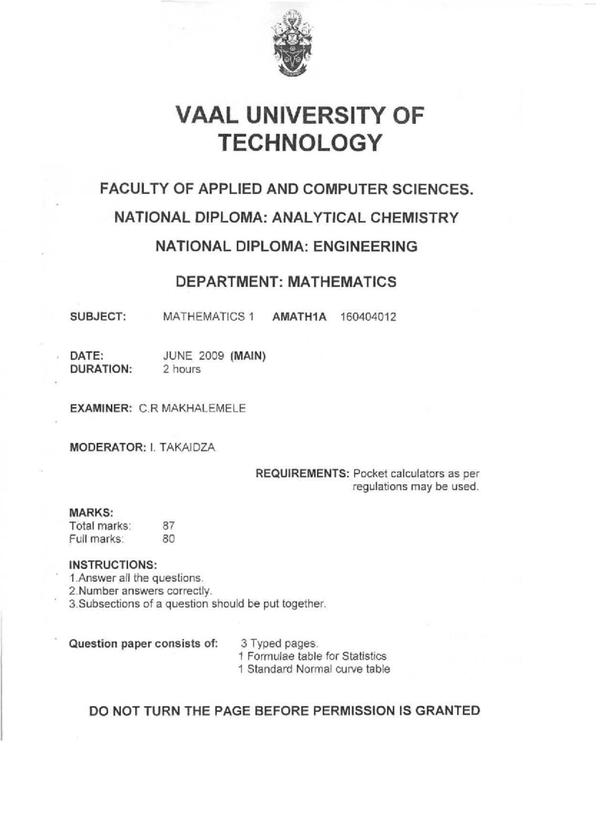 1 - Practice - VAAL UNIVERSITY OF TECHNOLOGY FACULTY OF APPLIED AND COMPUTER SCIENCES. NATIONAL ...