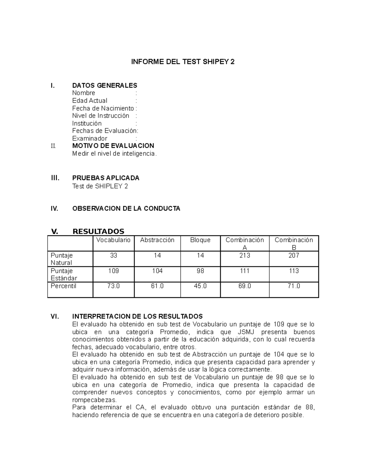 Modelo de Informe Shipley 2 - INFORME DEL TEST SHIPEY 2 I. II. DATOS ...