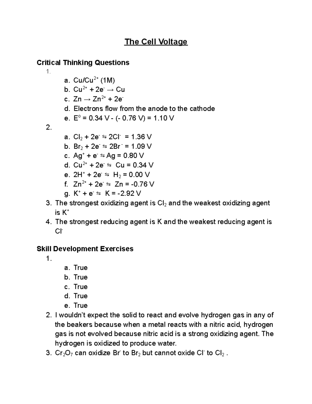 The Cell Voltage - notes - The Cell Voltage Critical Thinking Questions ...