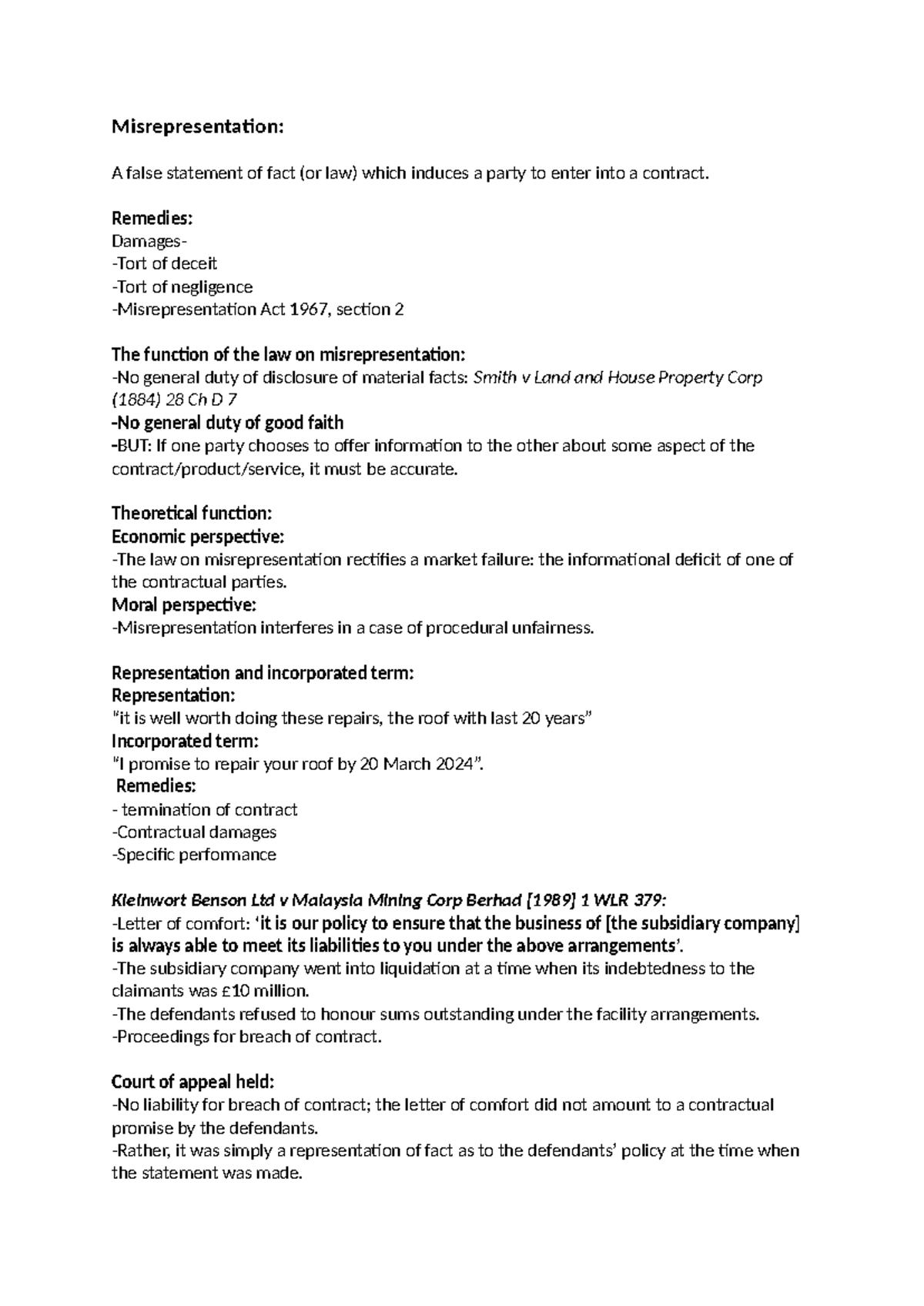 Contract 9 + 10 - Misrepresentation: A false statement of fact (or law ...