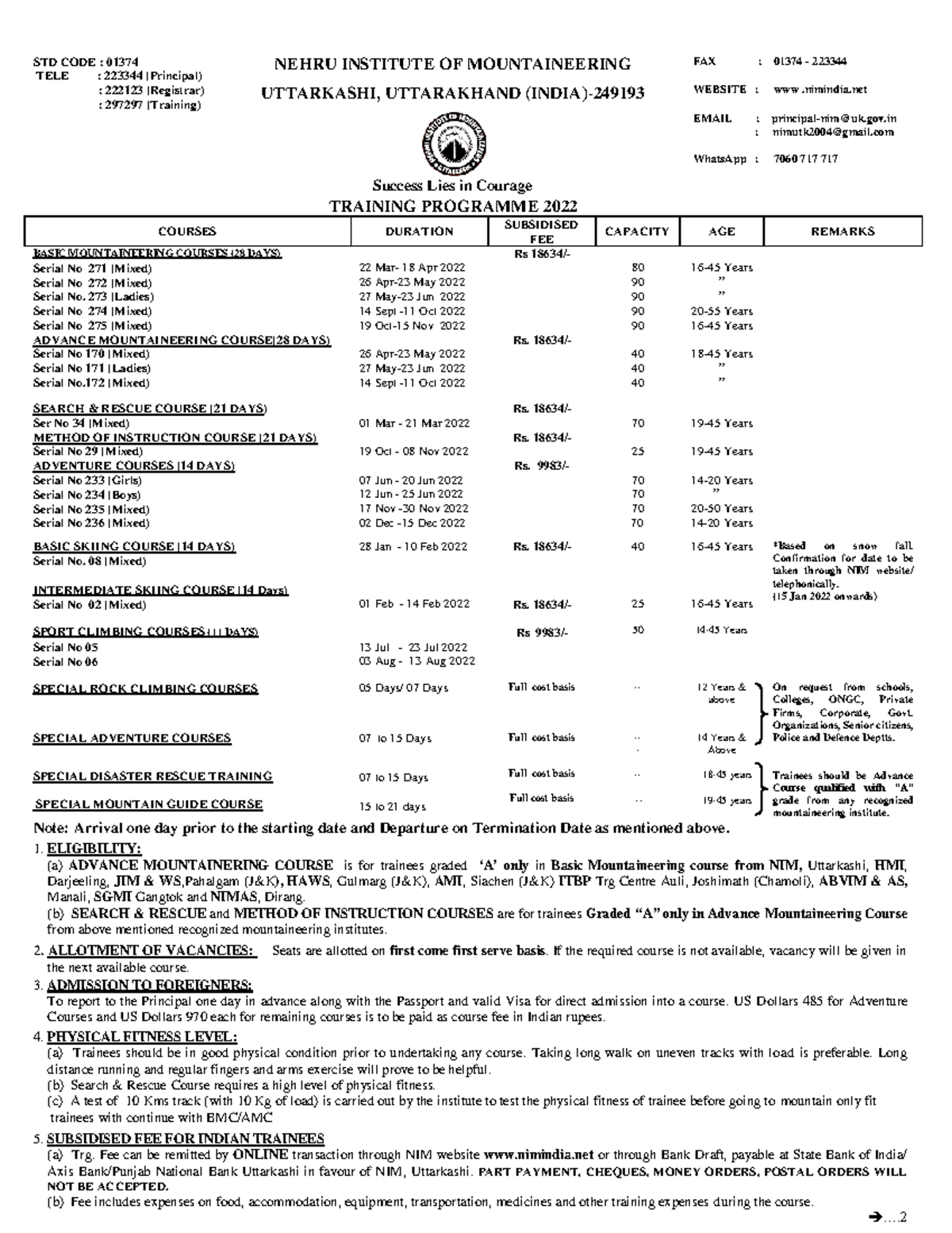 Training Programme 2022 STD CODE 01374 TELE 223344 Principal