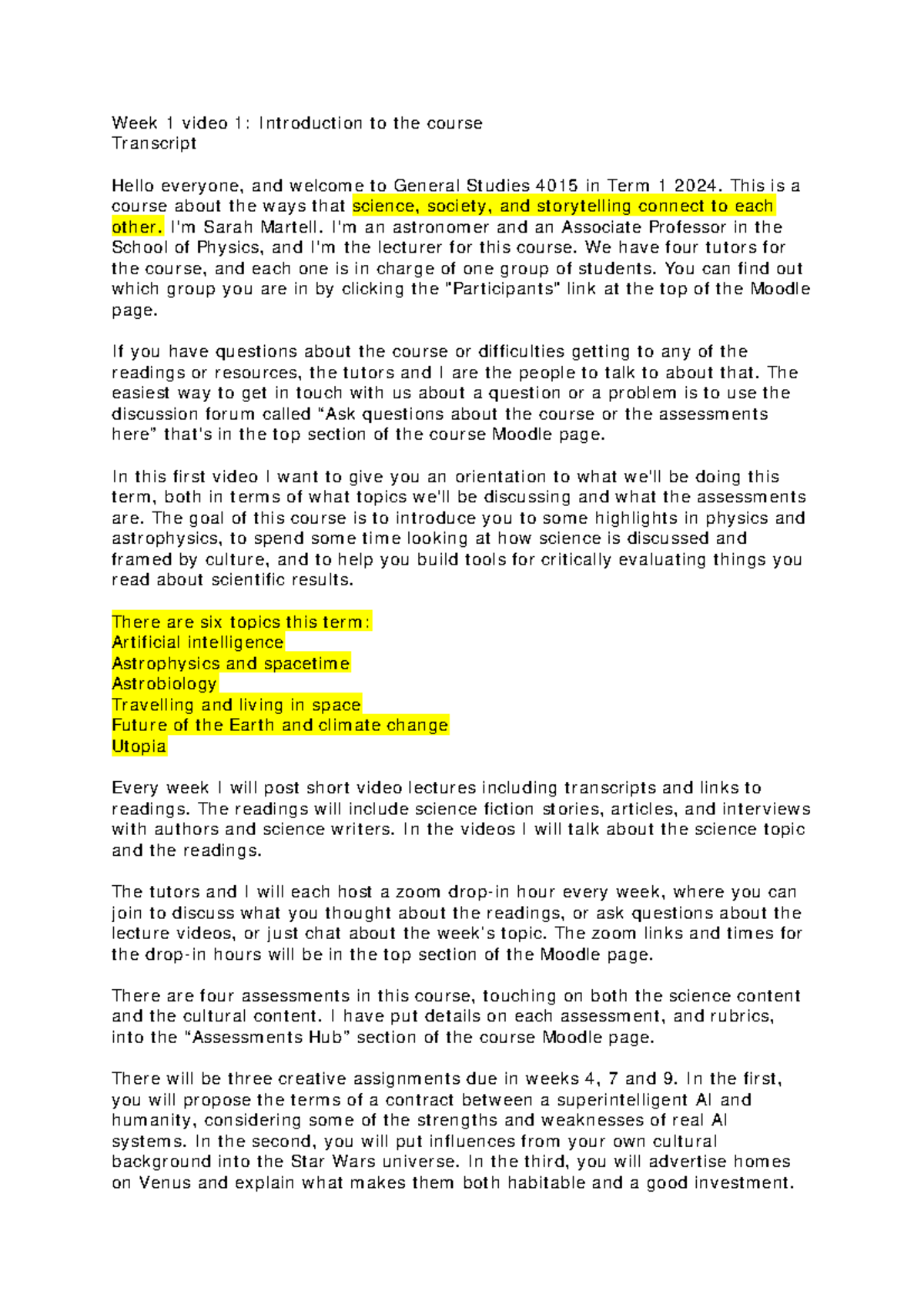 W1v1 transcript - term 1 - Week 1 video 1: Introduction to the course Transcript Hello everyone ...