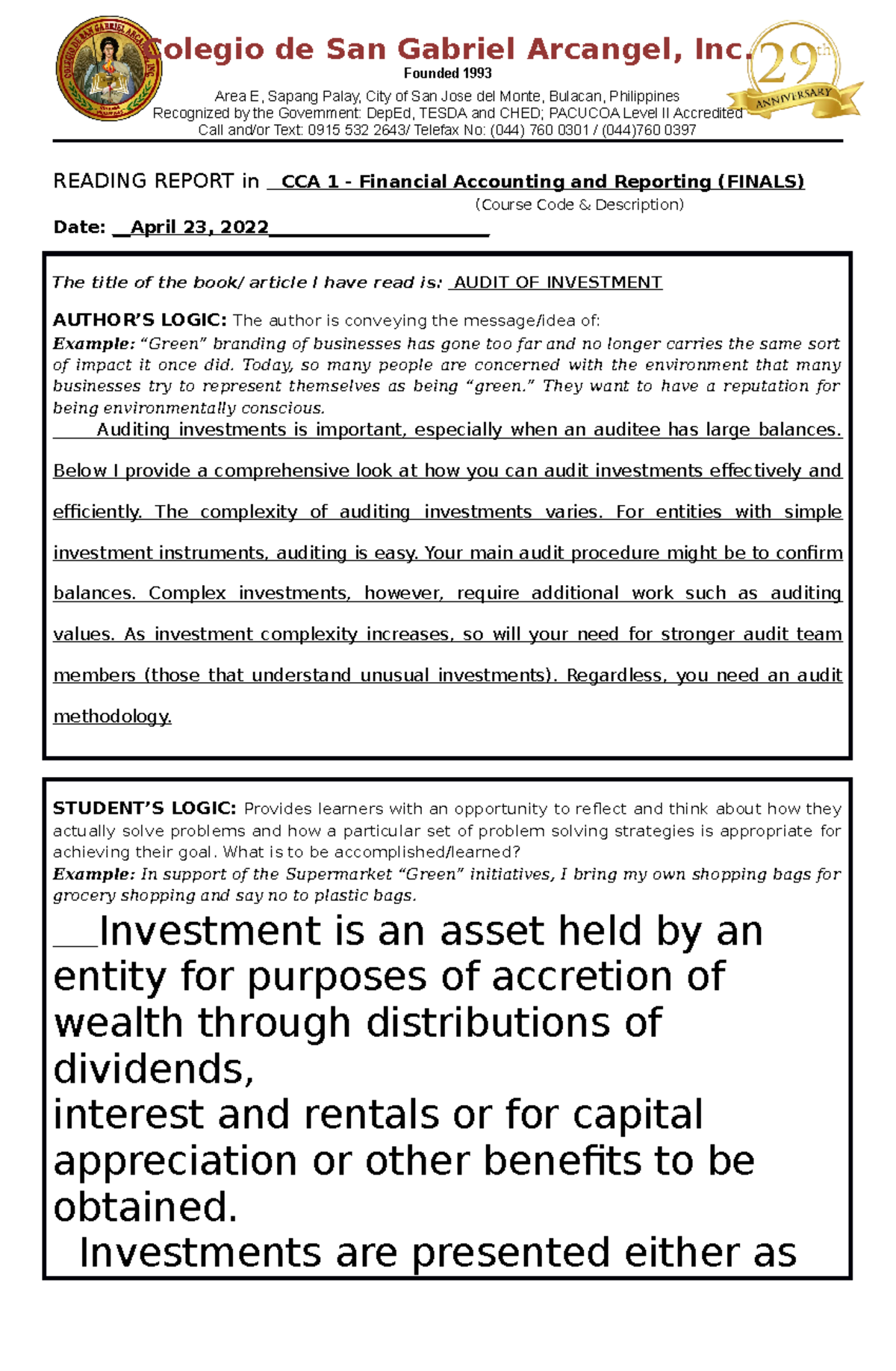 FINANCIAL ACCOUNTING AND REPORTING learning finals - Recognized by the ...