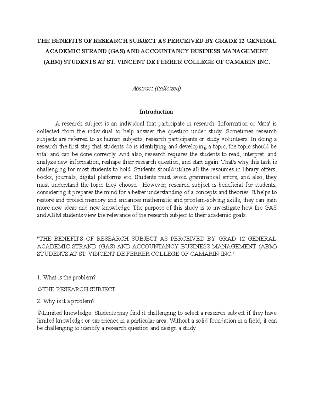 THE Benefits OF Research Subject AS Perceived BY Grade - THE BENEFITS ...