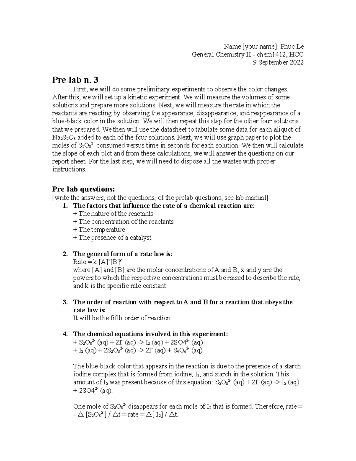Pre Lab 3 Report CHEM 1412 - Name [your name]: Phuc Le General ...