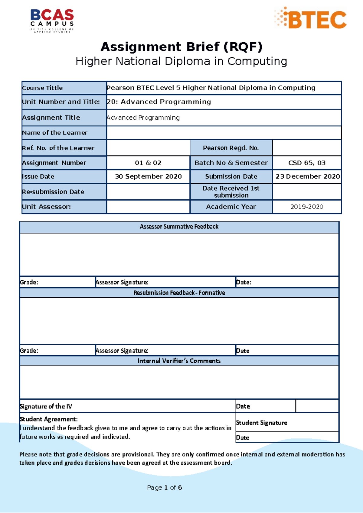 Assignment Cover Page 65 - Assignment Brief (RQF) Higher National ...