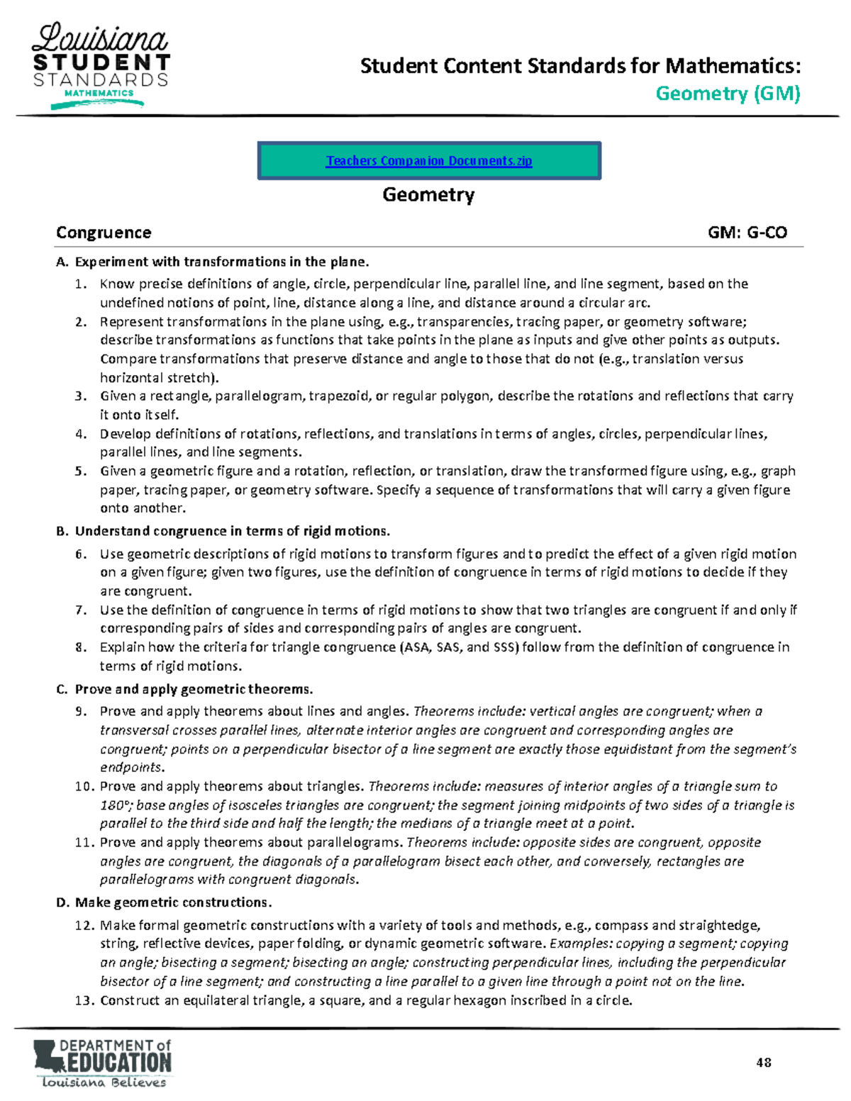 Copy of Content Standards Geometry - Geometry (GM) Geometry Congruence ...