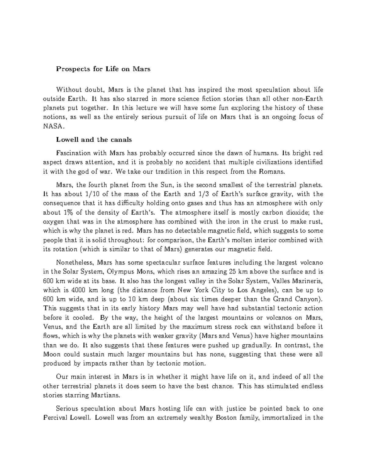 Lecture 16 Summary OF Powerpoint Astronomy - Prospects for Life on Mars ...