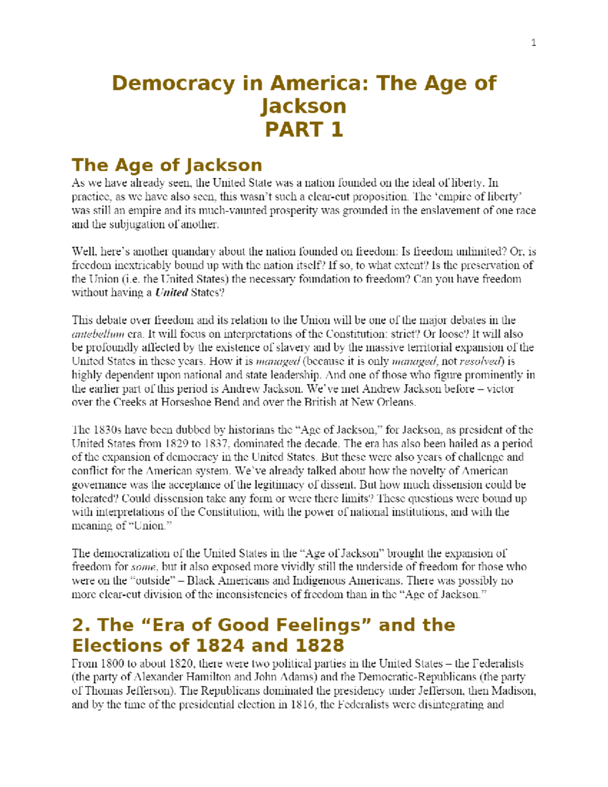 Lecture Democracy in America, Part 1 - Hist of United States to 1865 ...