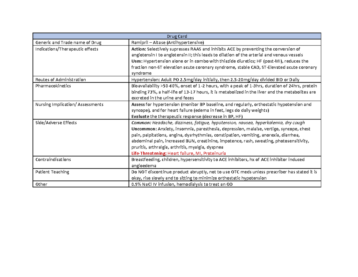 Clinical Drug Cards - Drug Card Generic and Trade name of Drug Ramipril ...