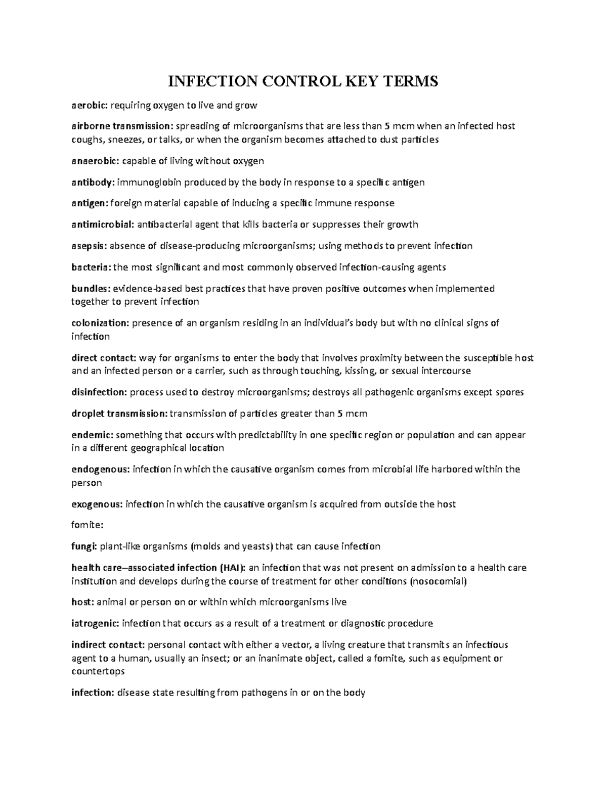 Infection Control KEY Terms - INFECTION CONTROL KEY TERMS aerobic ...