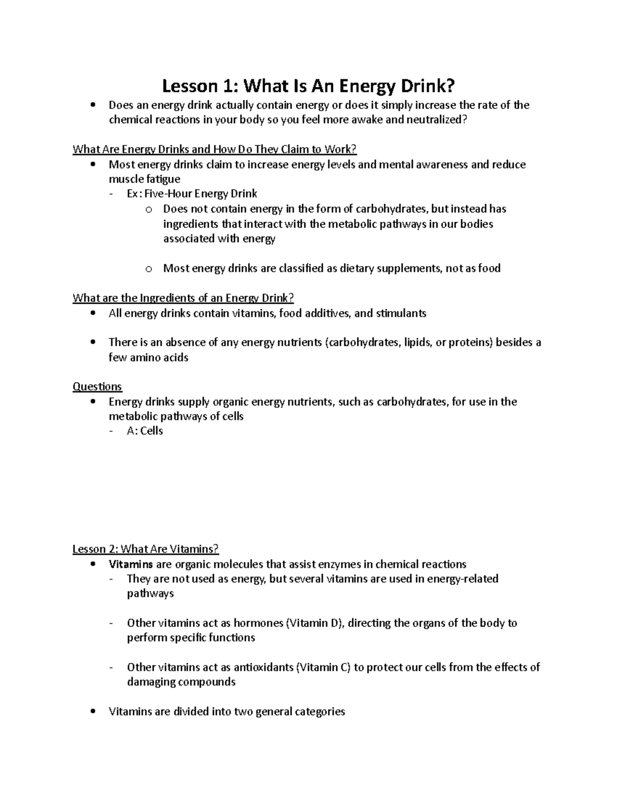 Lesson 1 What is an Energy Drink Lesson 2 Vitamins - Lesson 1: What Is ...