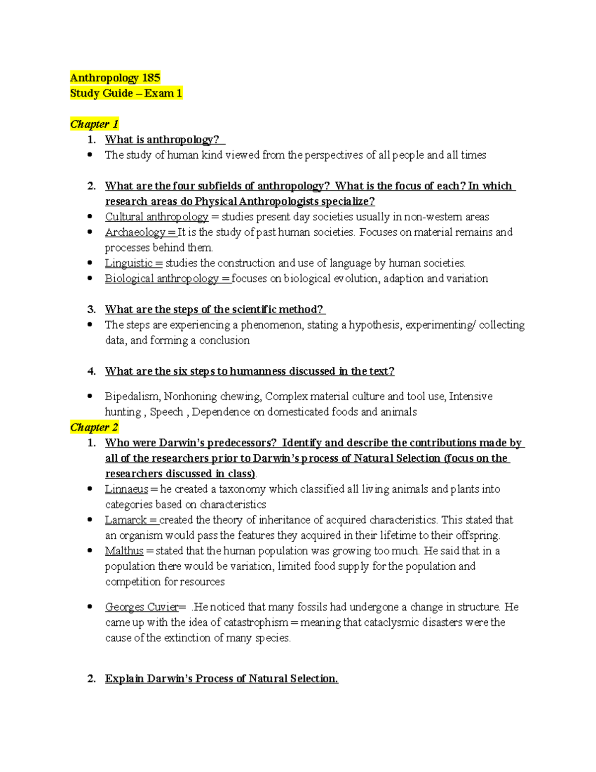 Study Guide Exam 1 - Anthropology 185 Study Guide – Exam 1 Chapter 1 1 ...