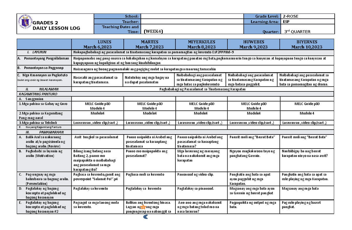 DLL ALL- Subjects-2 Q3-Week-4 - , GRADES 2 DAILY LESSON LOG School: Grade Level: 2-ROSE Teacher ...