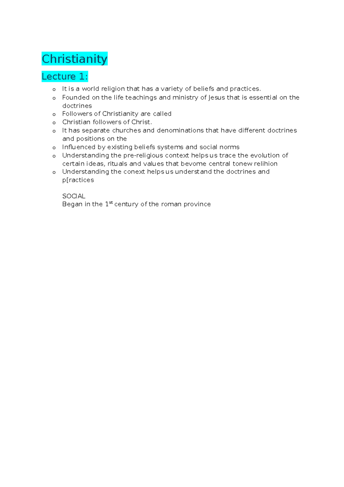 Christianity - Notes taken from lecture for the test - Christianity ...
