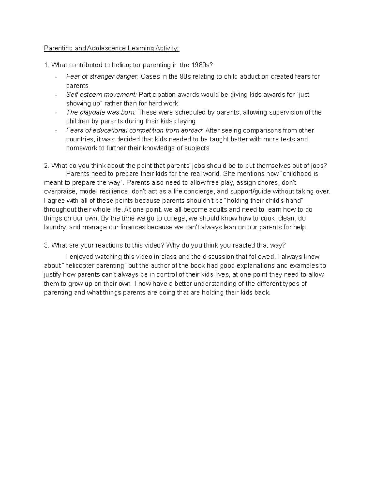 Parenting & Adolescence Learning Activity-2 - Parenting and Adolescence ...