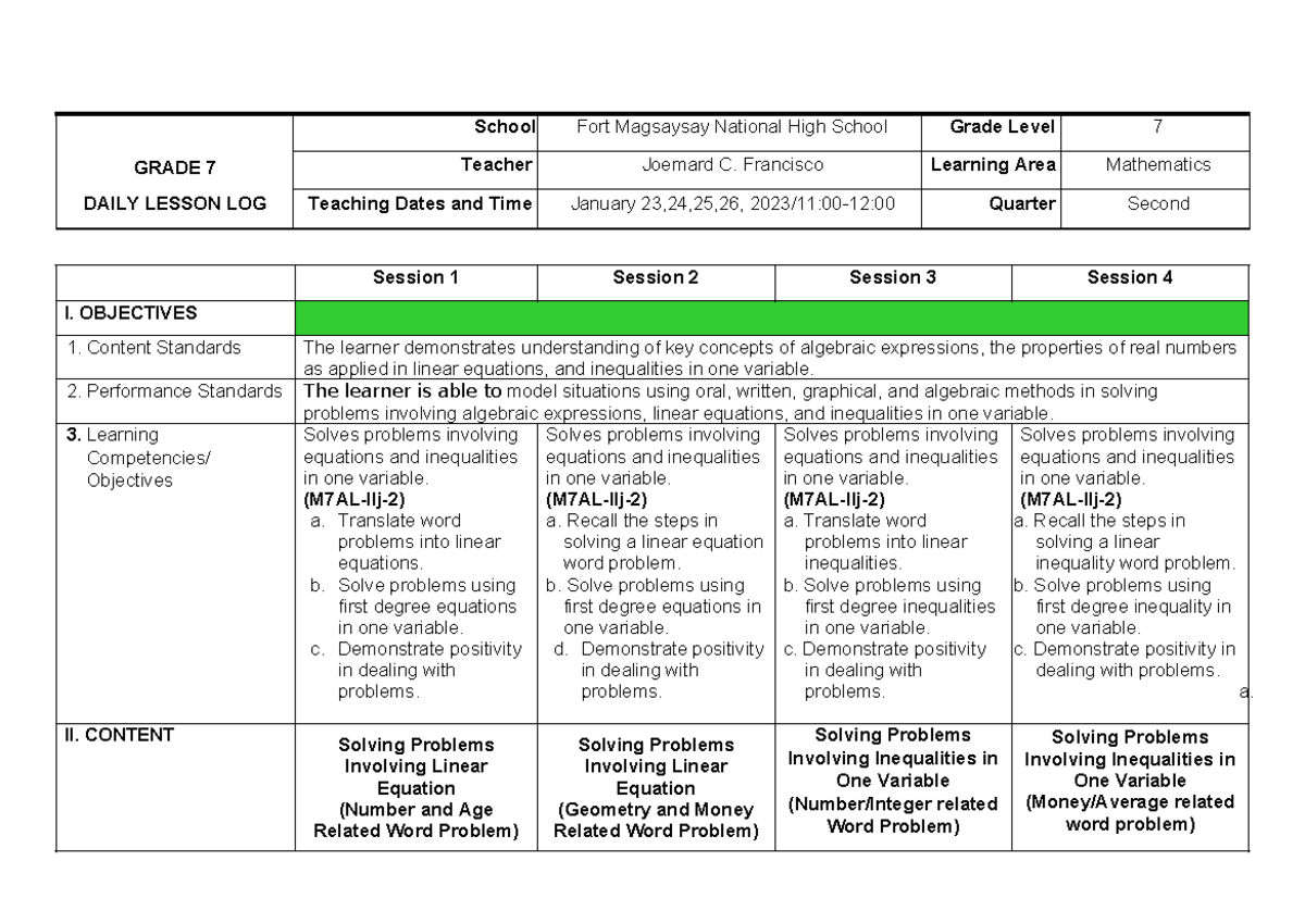 Grade 7 dll 2nd quarter WEEK 10 - GRADE 7 DAILY LESSON LOG School Fort ...