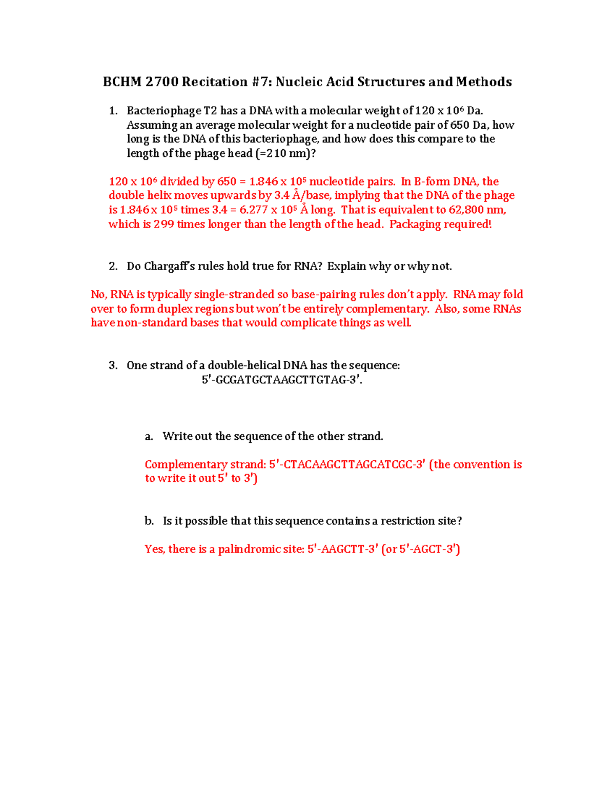 2700 Recitation 7 Nucleic Acid Structures and Methods key - BCHM 2700 ...