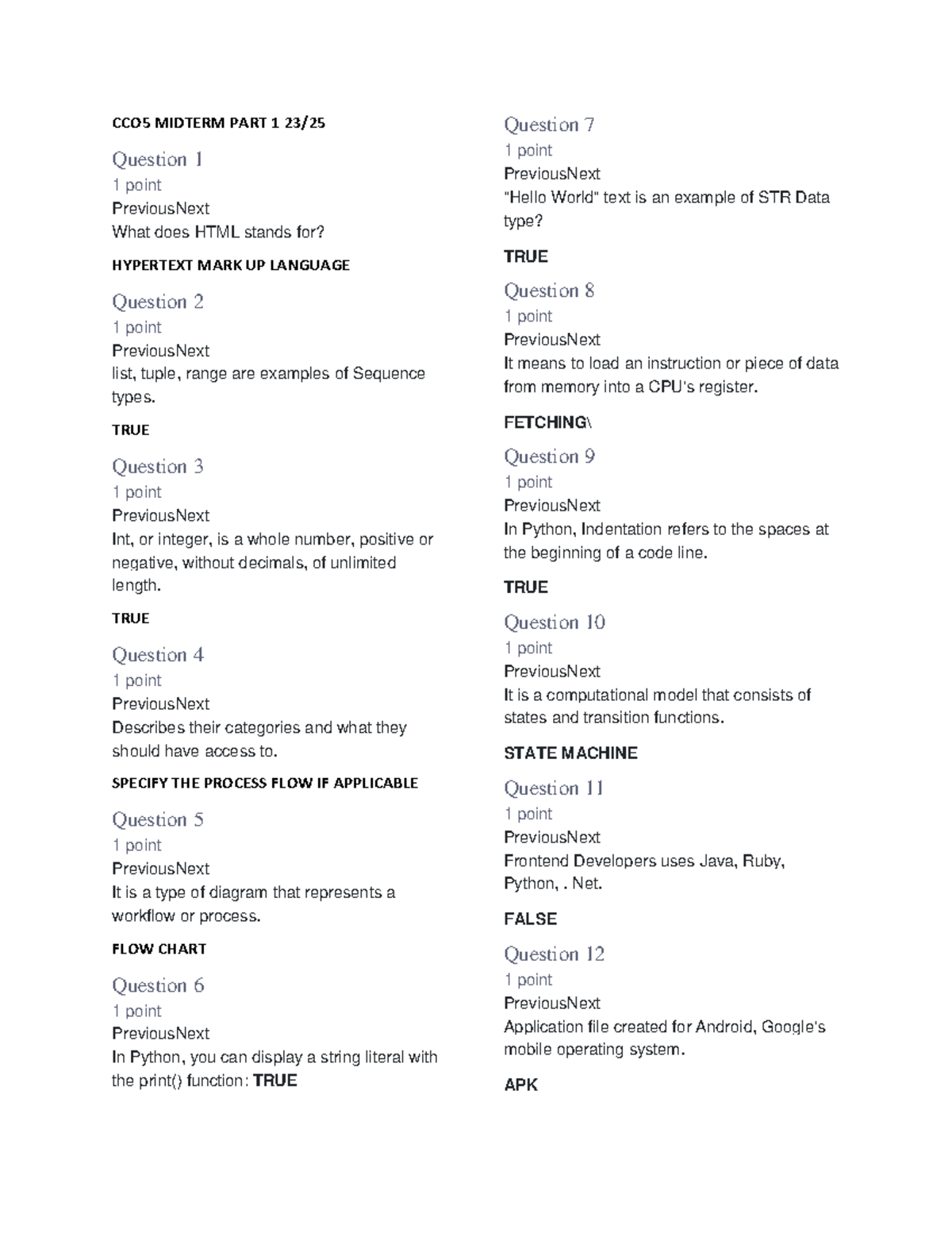 CCO5 Midterm PART 1 AND 2 - CCO5 MIDTERM PART 1 23/ Question 1 1 point ...