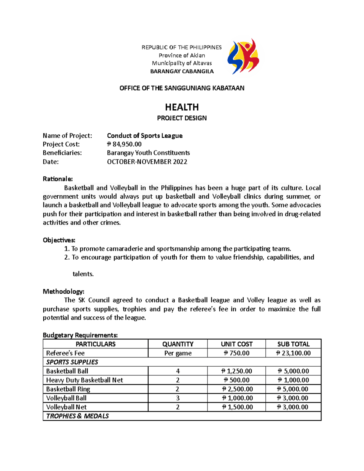Project proposal liga 2022 - REPUBLIC OF THE PHILIPPINES Province of ...