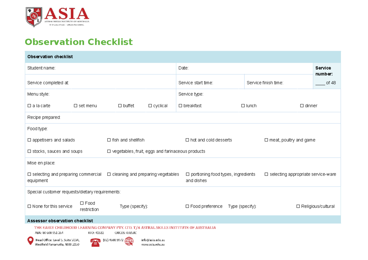 Sithccc 043 Observation Checklist - Observation Checklist Observation ...