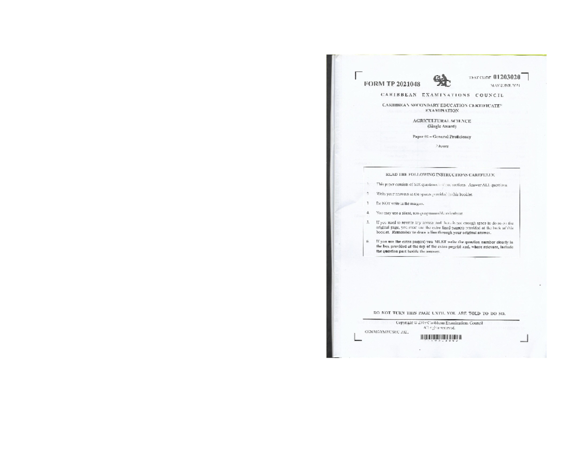 Cxc past paper 2021 Booklet - TEST CODE 01203020 FORM TP 2021048 2021 ...