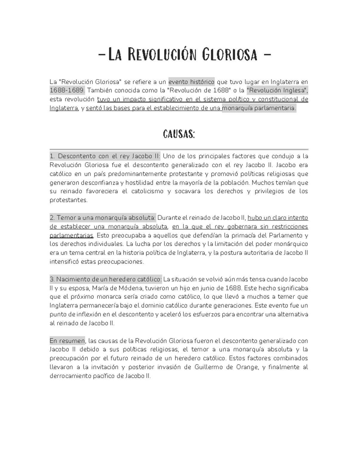 La Revolución Gloriosa - También conocida como la "Revolución de 1688" o la - Studocu