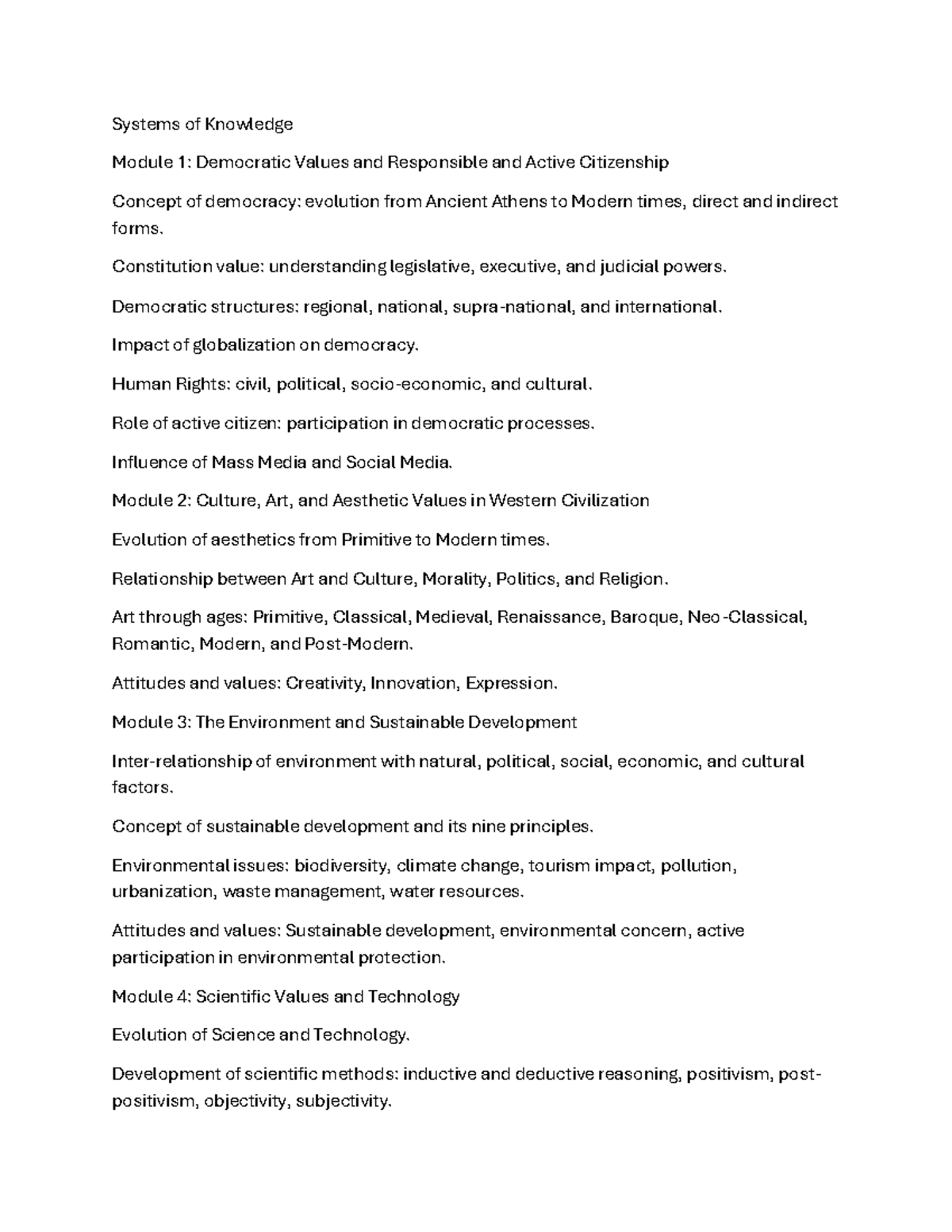 Systems of knowledge syllabus - Systems of Knowledge Module 1 ...