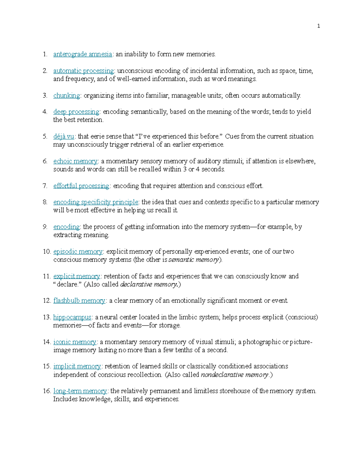 Module 4 Memory Processes (Mid-Term Week) - 1 anterograde amnesia : an ...