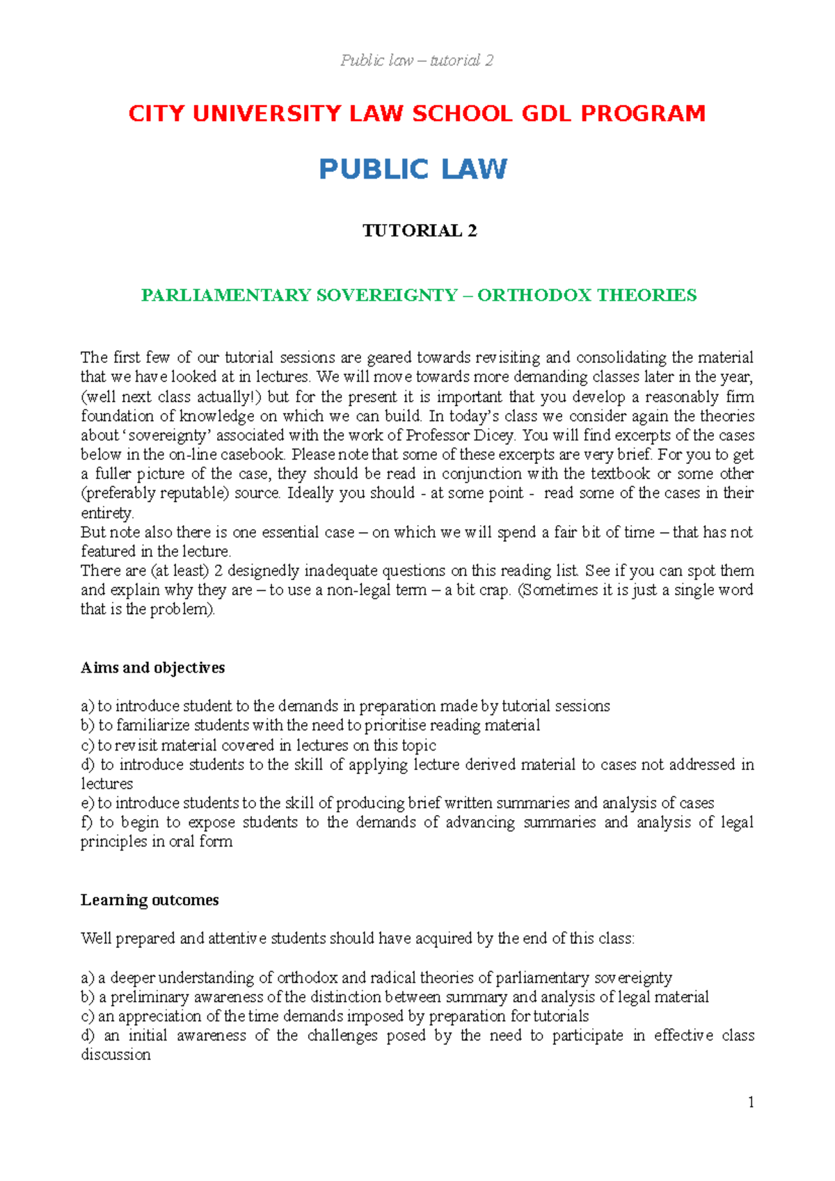 Public Law tutorial 2 - CITY UNIVERSITY LAW SCHOOL GDL PROGRAM PUBLIC ...