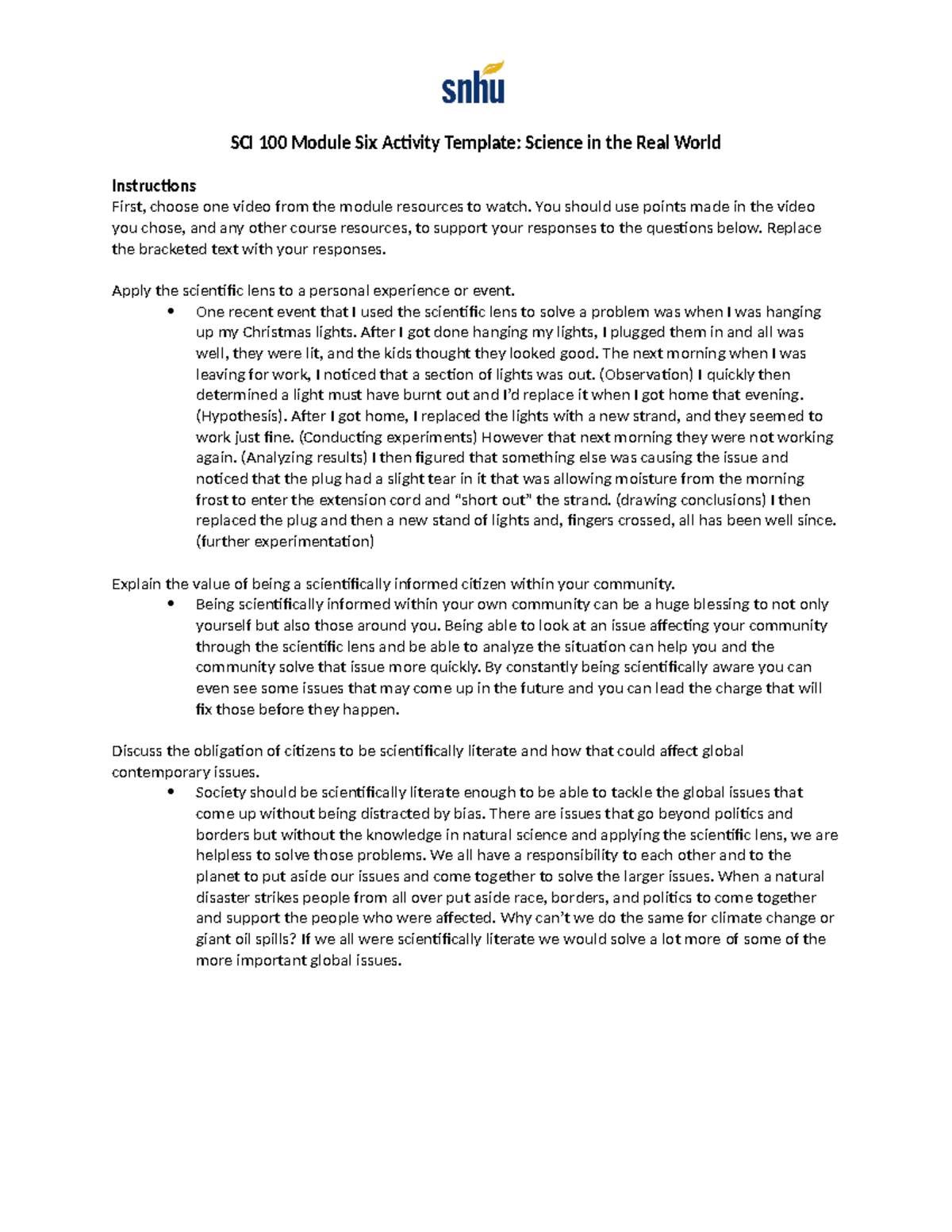 SCI 100 Module Six Activity Template - You should use points made in ...
