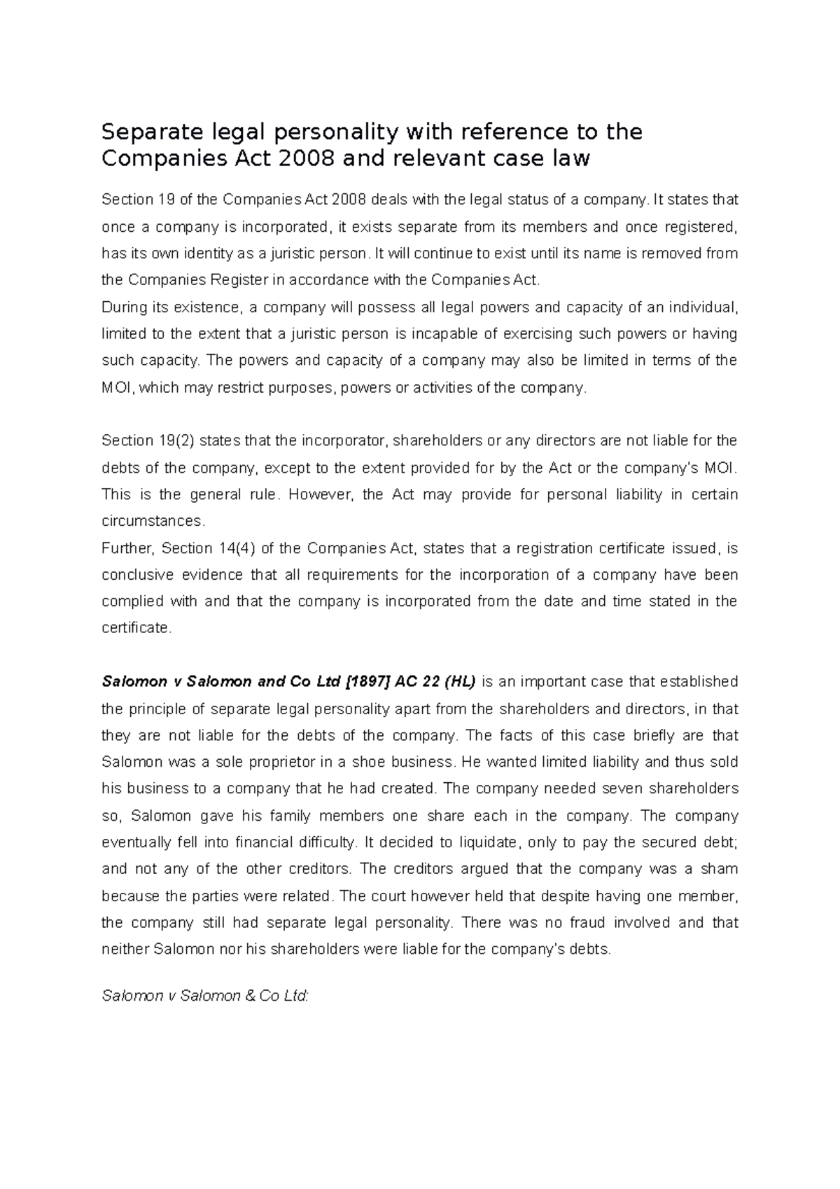 Separate legal personality - It states that once a company is ...