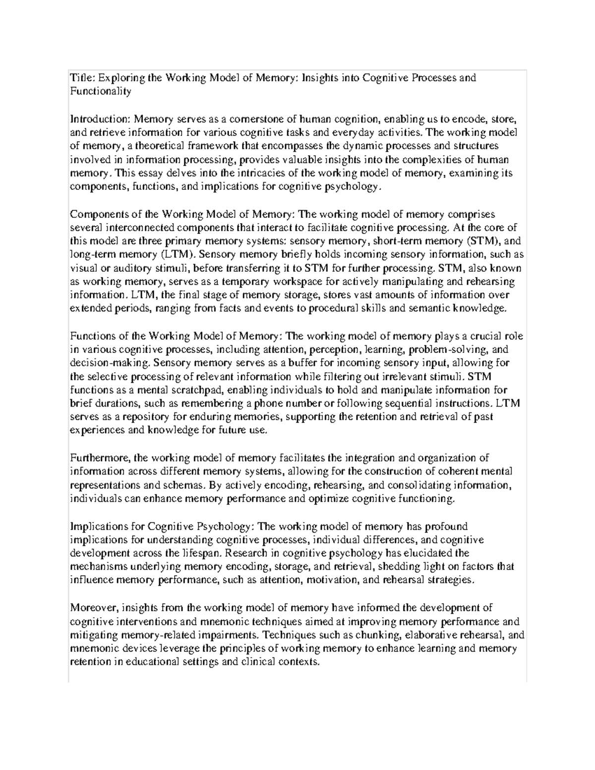 Working model of memory - Title: Exploring the Working Model of Memory ...