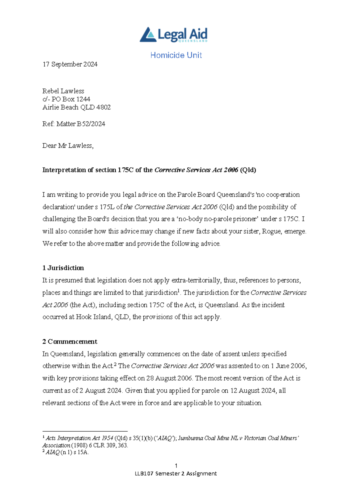 LLB107 Assignment 2024 Letter of Advice - 1 17 September 202 4 Rebel ...