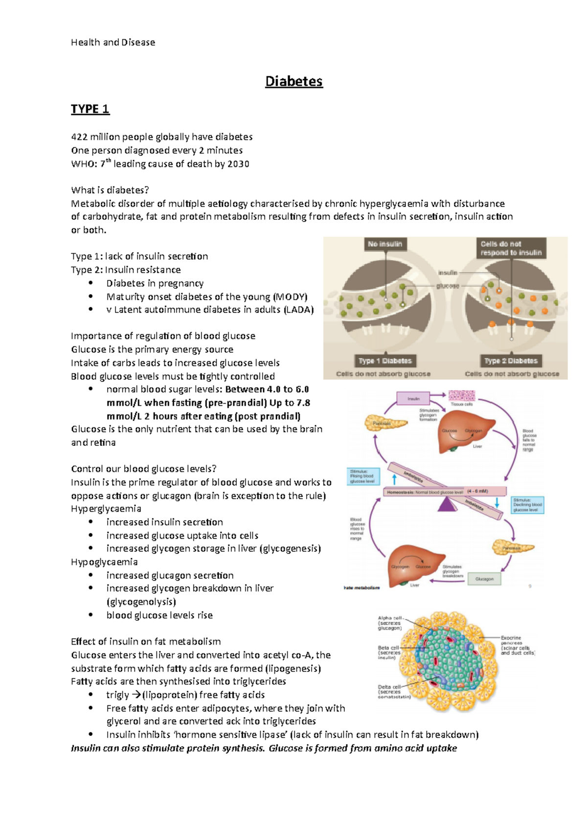 Diabetes - notes - Diabetes TYPE 1 422 million people globally have ...