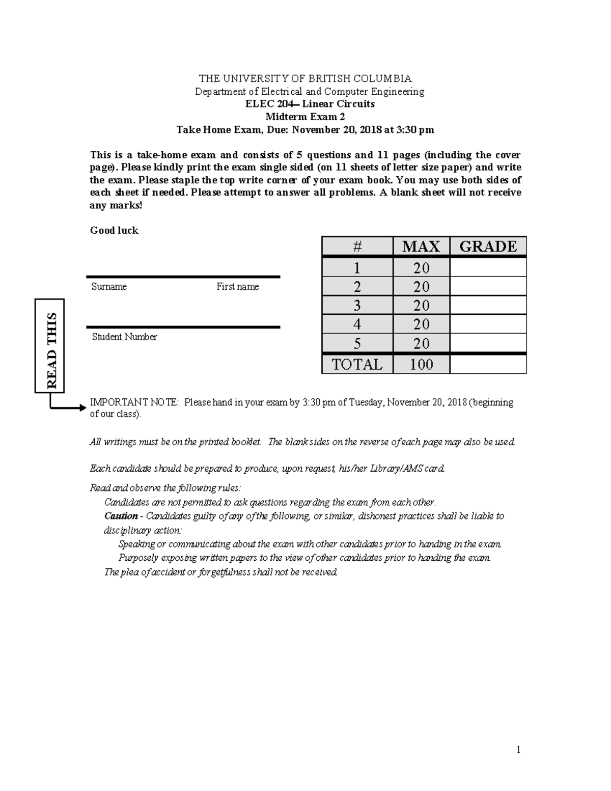ELEC 204 Midterm 2 - THE UNIVERSITY OF BRITISH COLUMBIA Department of ...