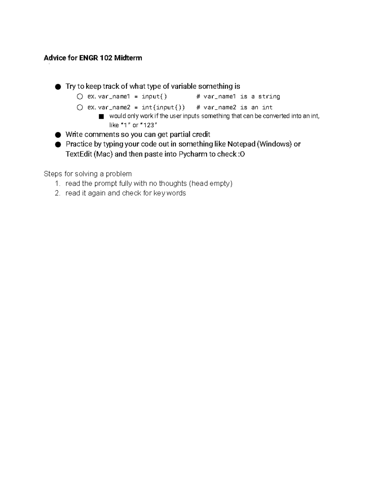 Advice for ENGR 102 Midterm - Advice for ENGR 102 Midterm Try to keep track of what type of ...