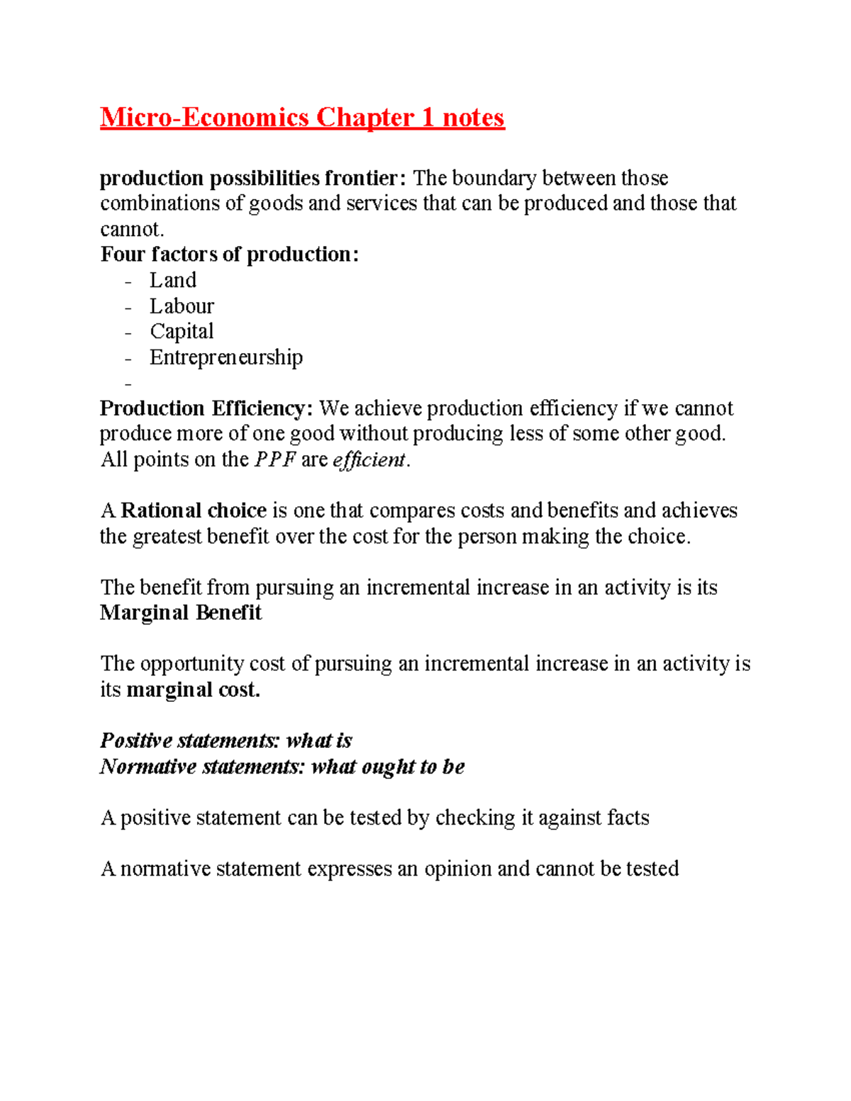 Economics Notes - Micro-Economics Chapter 1 notes production ...