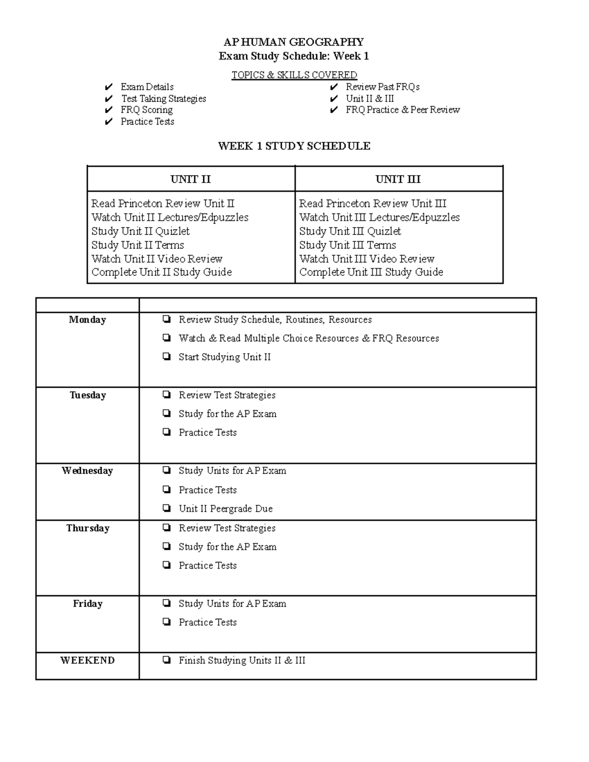 AP Exam Schedule Week 1 - AP HUMAN GEOGRAPHY Exam Study Schedule: Week ...