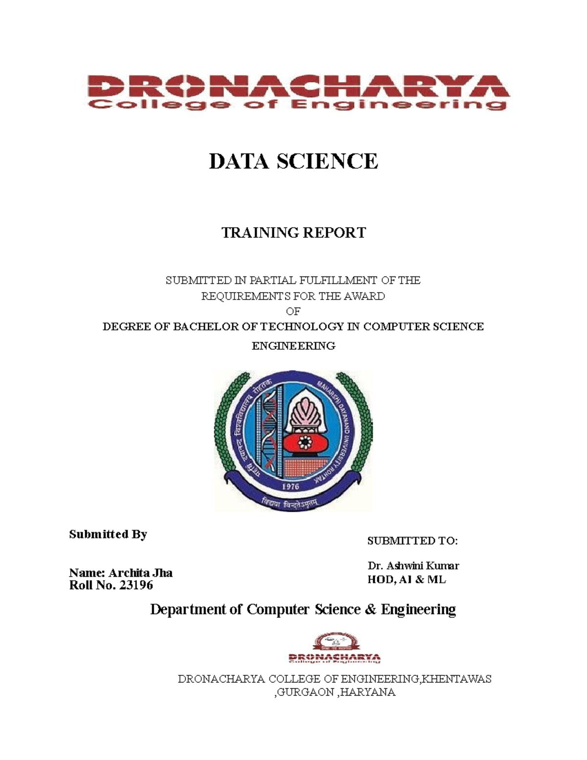 DS Report - Data Science - DATA SCIENCE TRAINING REPORT SUBMITTED IN ...