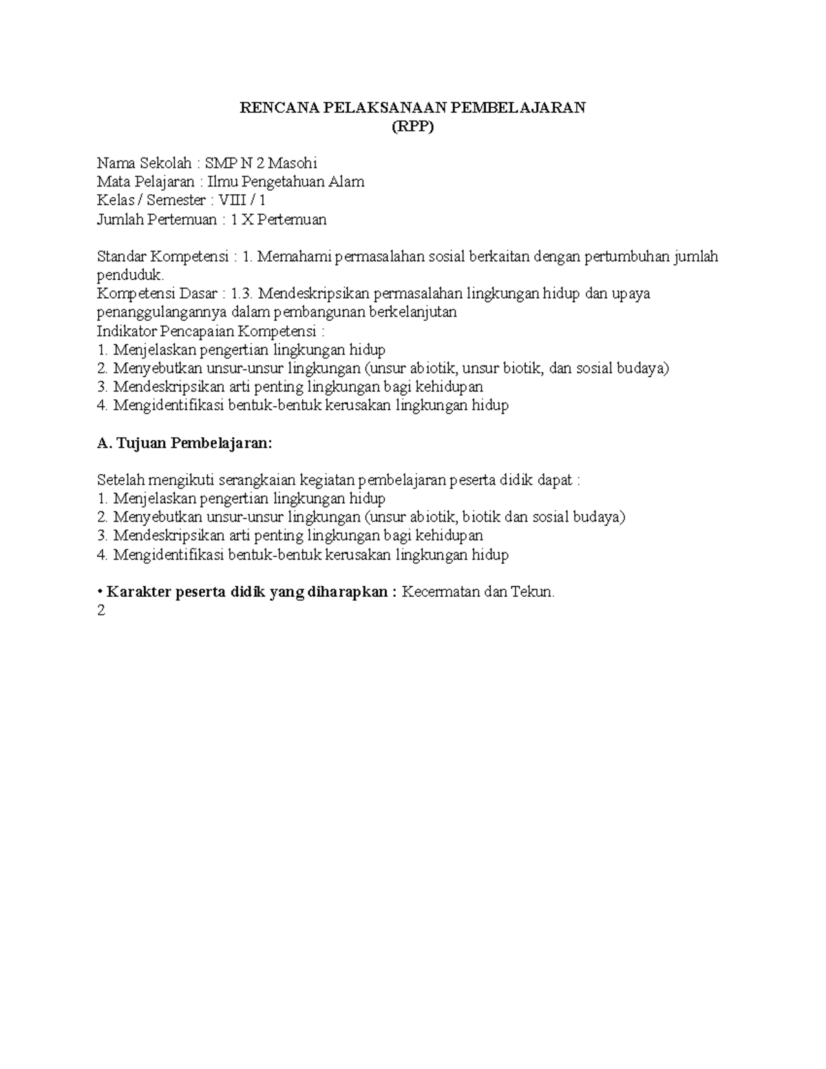 Ipa biologi - sangat baik - RENCANA PELAKSANAAN PEMBELAJARAN (RPP) Nama ...