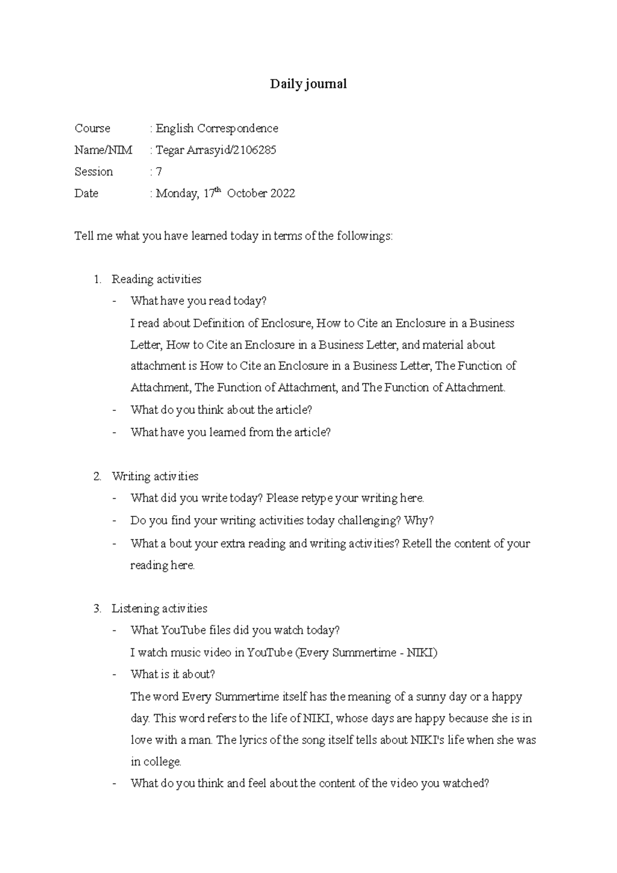 Daily journal at English Course to reflect student's understanding ...