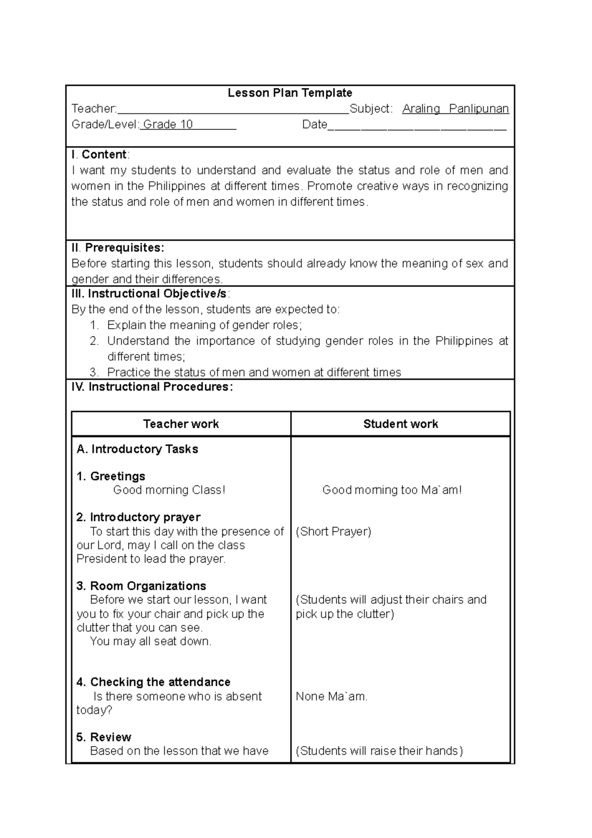 Lesson Plan Template - Lesson Plan Template Teacher: Subject: Araling ...