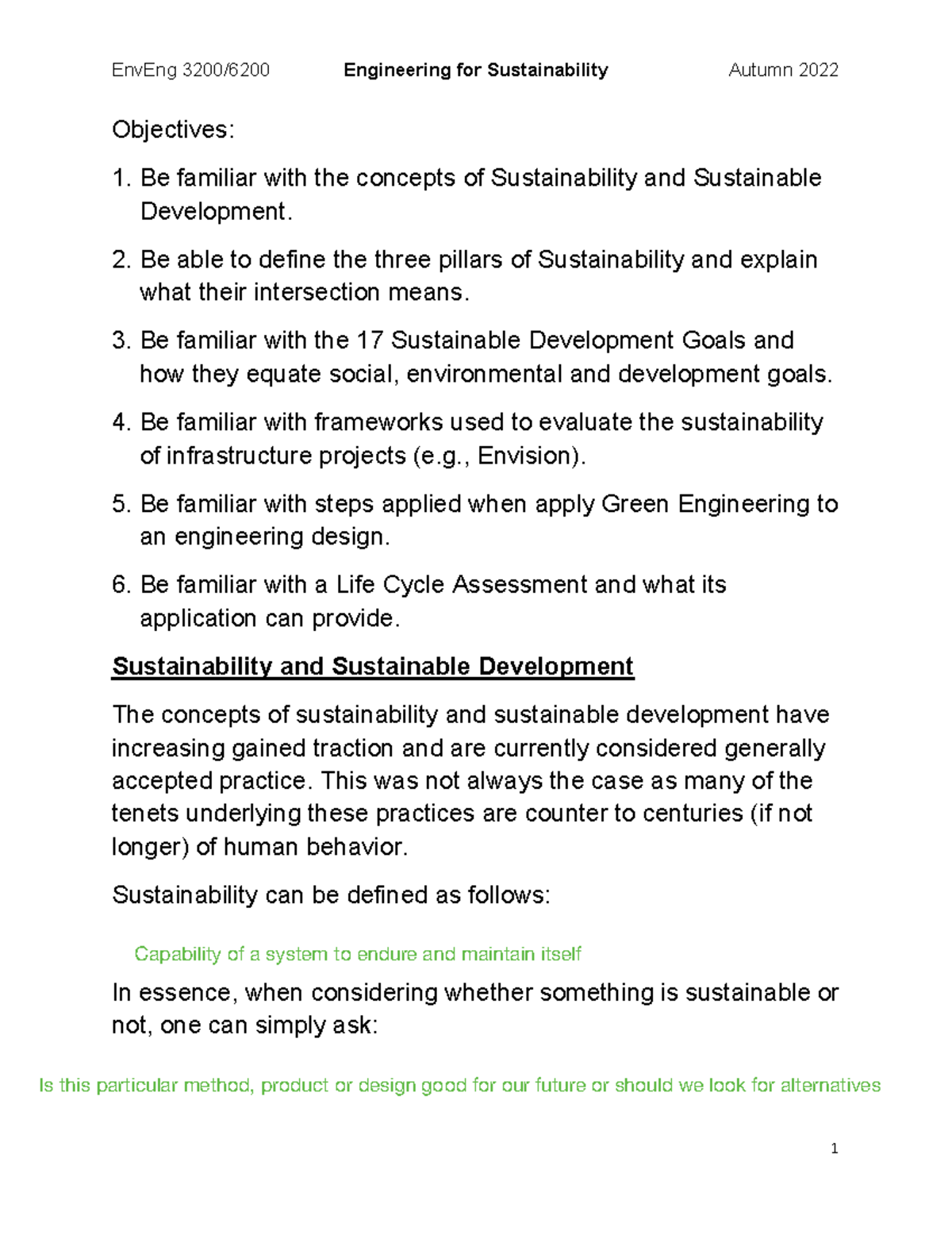 Engineering for Sustainability - Objectives: Be familiar with the ...